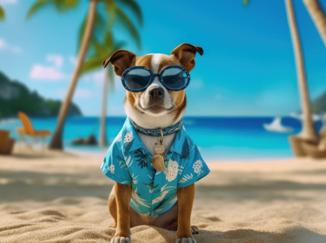 Small dog with sunglasses on the beach - polynesia.com | blog